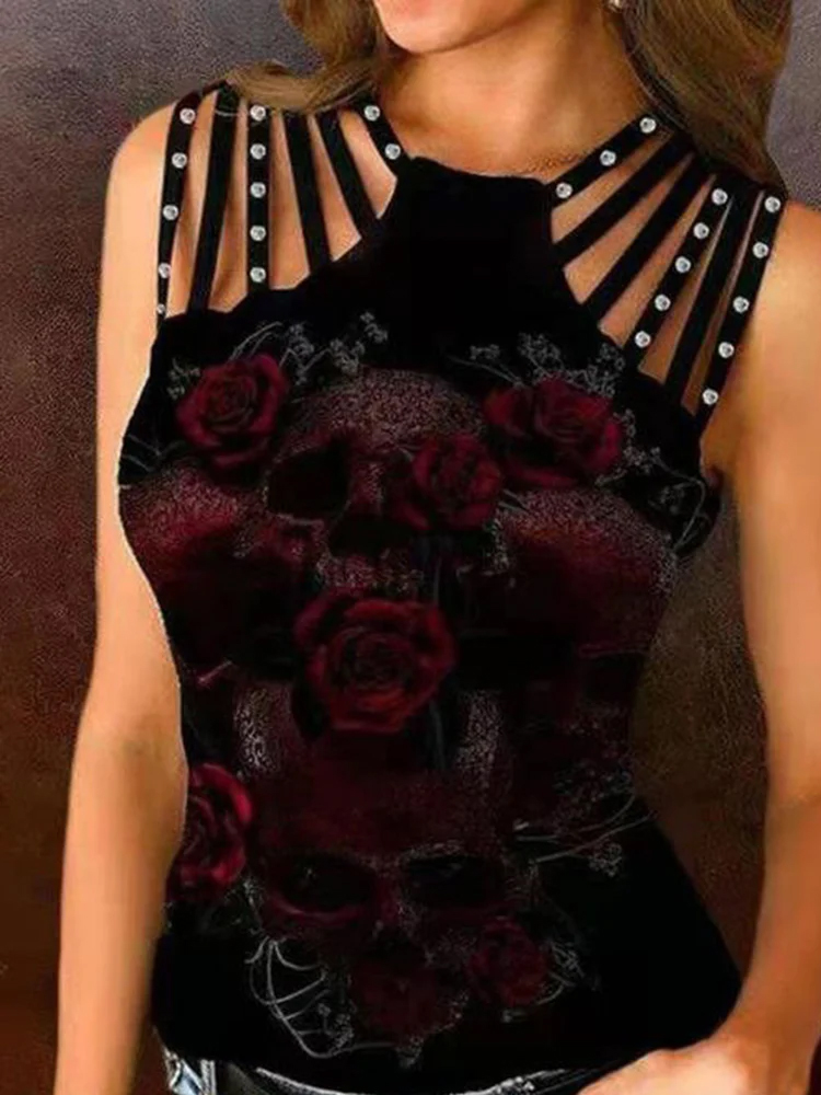 Women Gothic Skull Print Sleeveless Top
