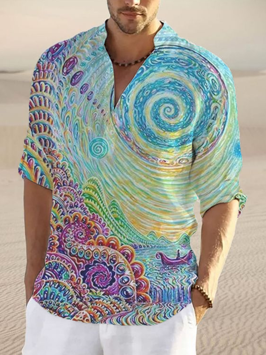 Psychedelic Print Casual Cotton Linen Shirt