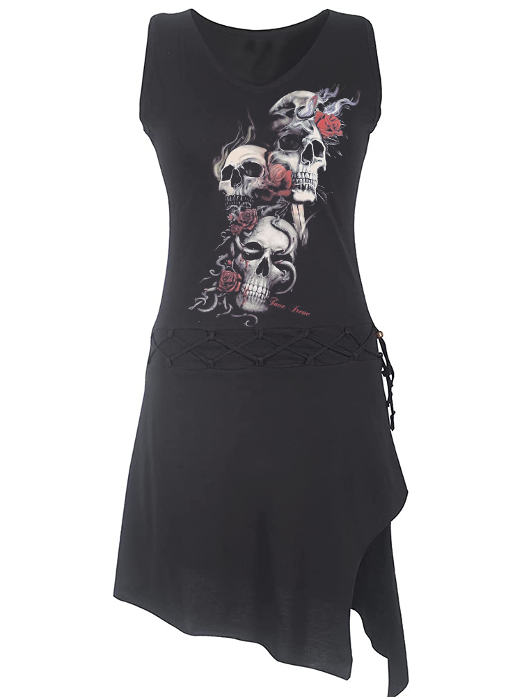 Gothic Skull Print Asymmetrical Sleeveless Dress