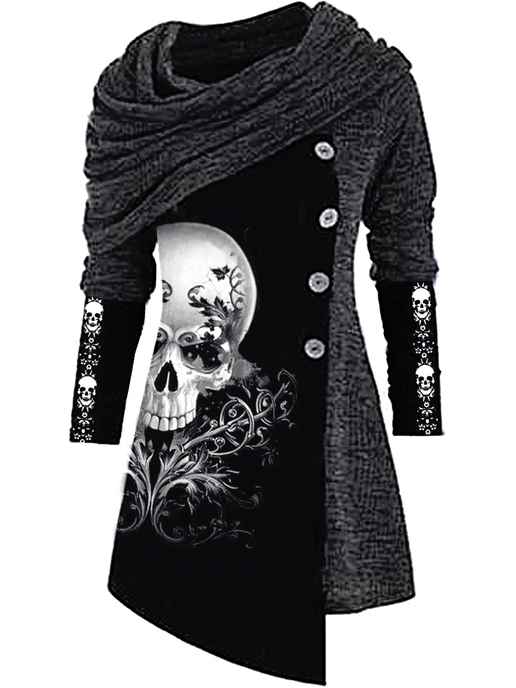 Women's Gothic Skull Print Buttoned Tunic Dress