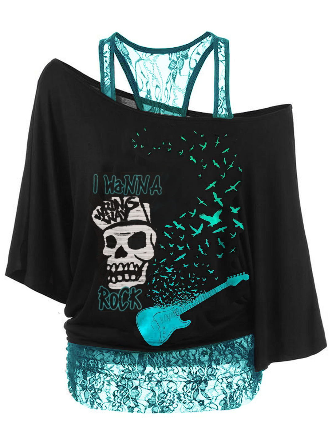 Punk Print Lace Stitching Loose Short Sleeved T-Shirt