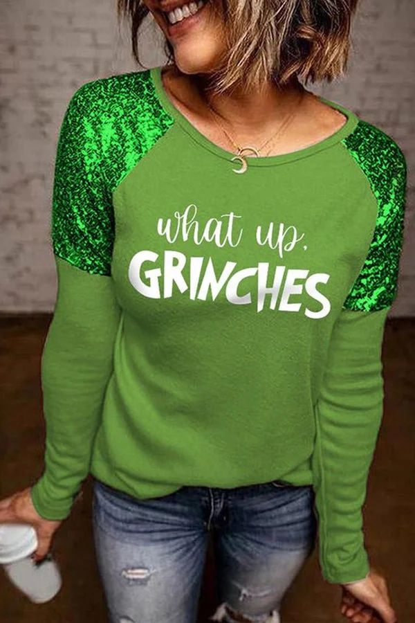 Casual Christmas Sequin What up Grinch Top